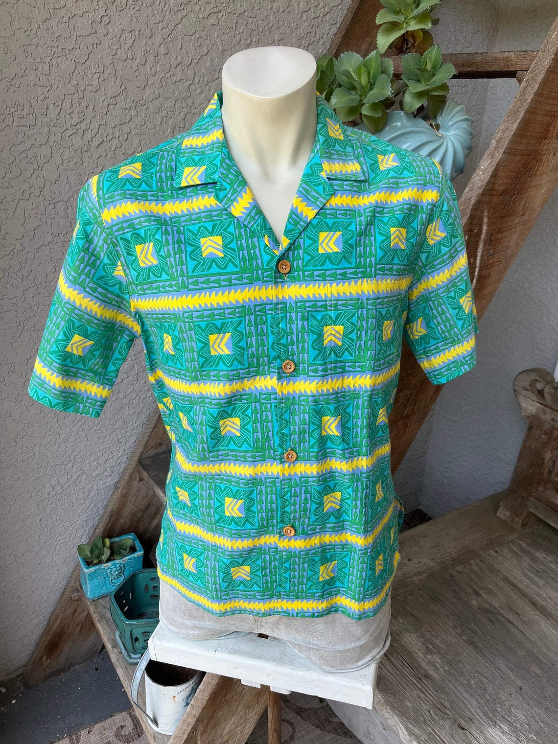 New Wave 1980s Vintage Bright Abstract Print Collared Shirt - by ...