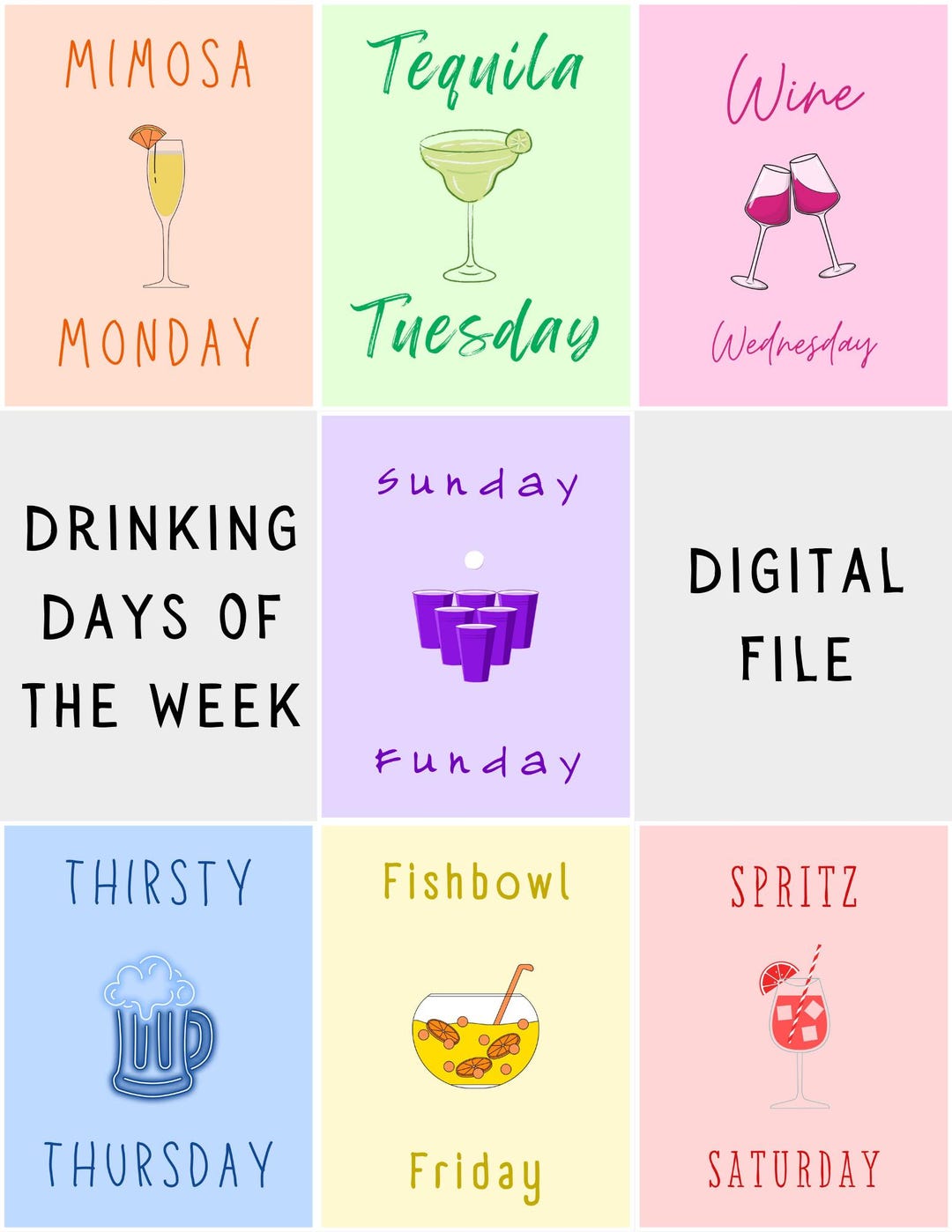 7 Drinking Days of the Week Printable Posters - Etsy