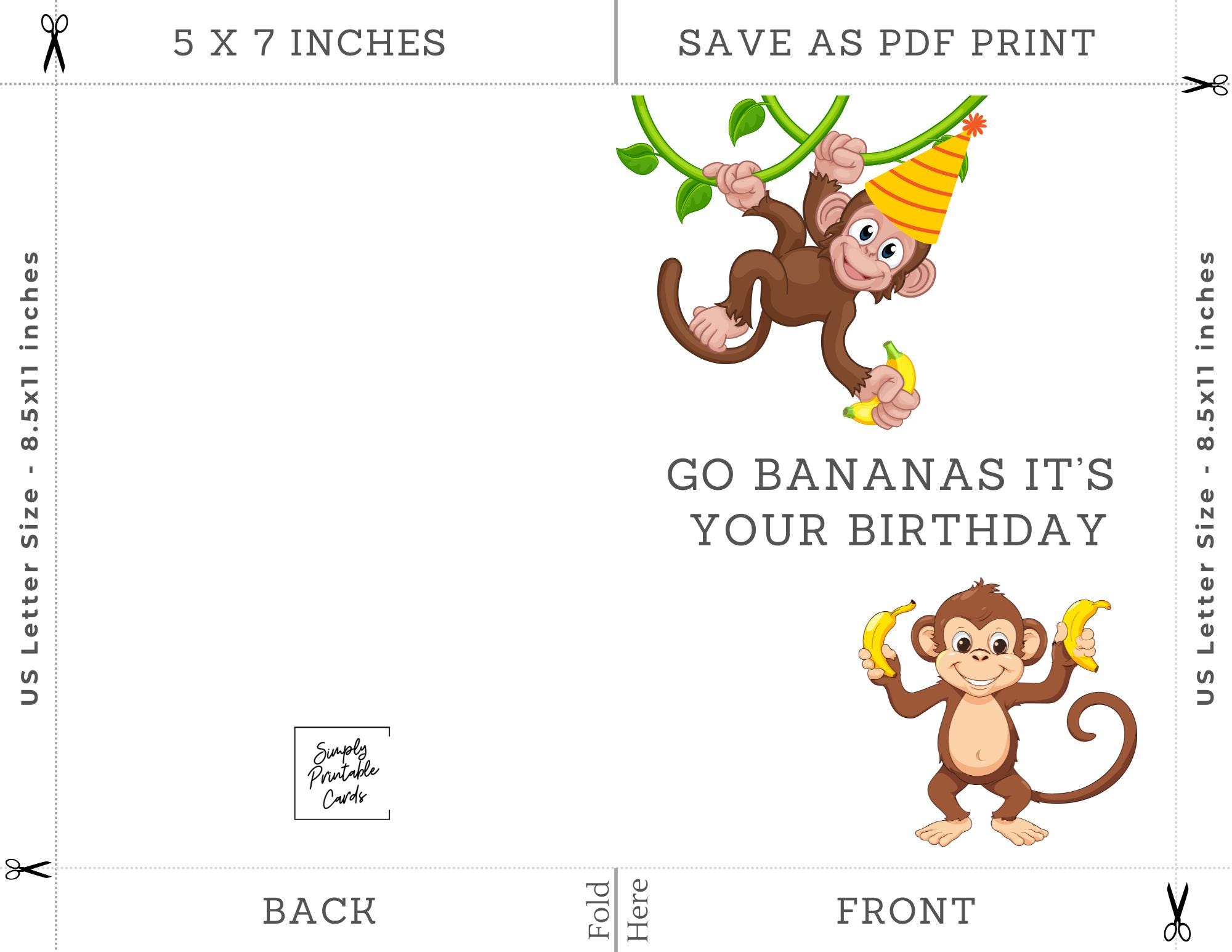 Go Bananas Monkey Birthday Card Printable (digital Download) - Etsy