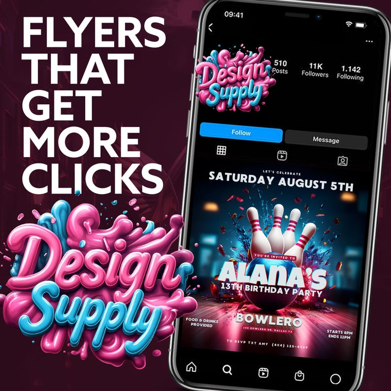 Bowling Invitation Canva Template | Editable Neon Party Flyer | Perfect ...