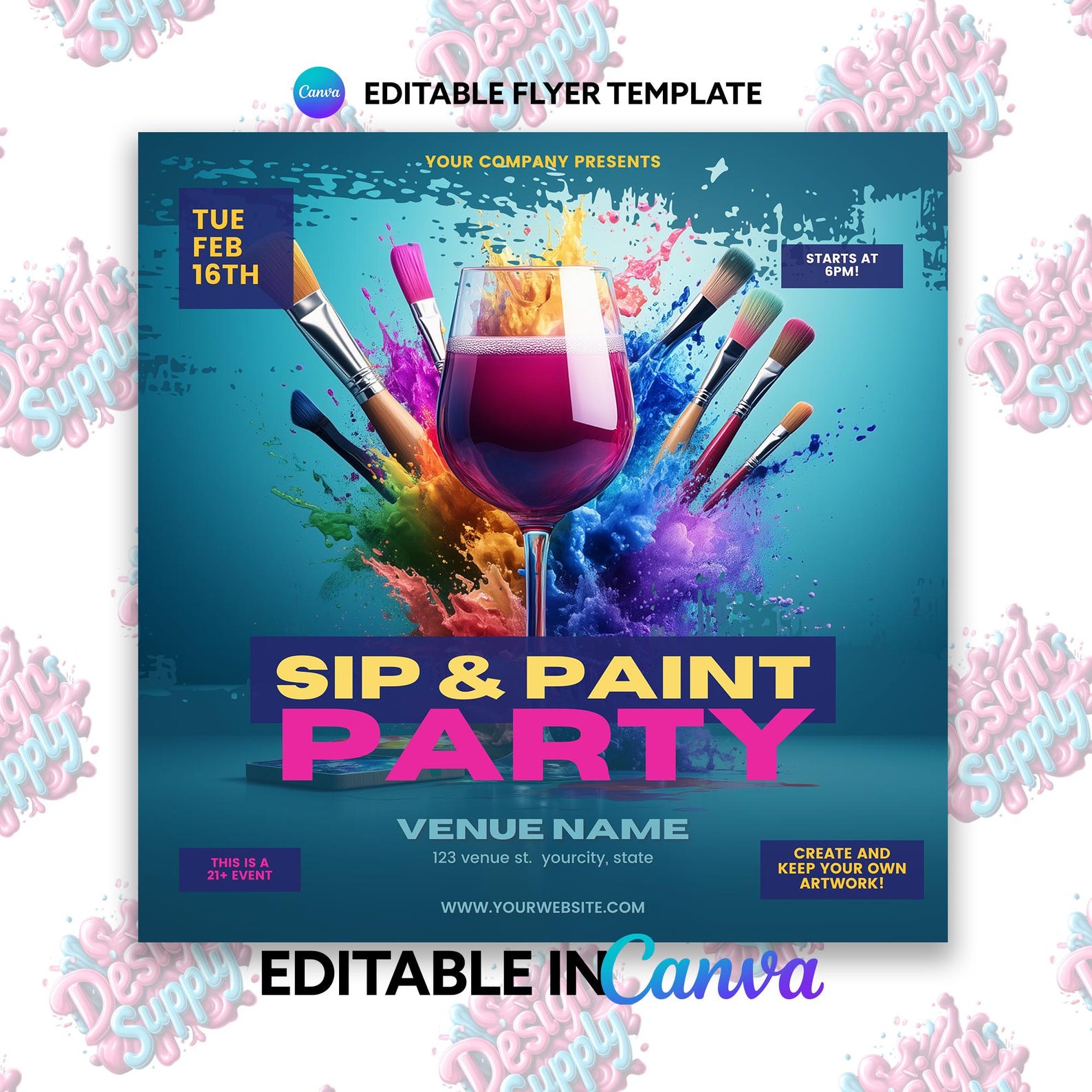 Sip and Paint Party Flyer: Editable Canva Template (digital Download ...