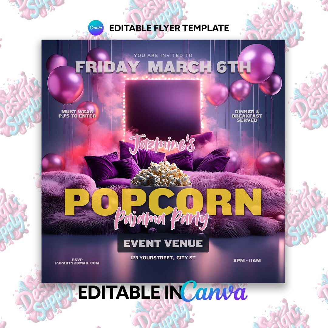 Popcorn Pajama Party Girls | Editable Canva Template | Fun Sleepover ...