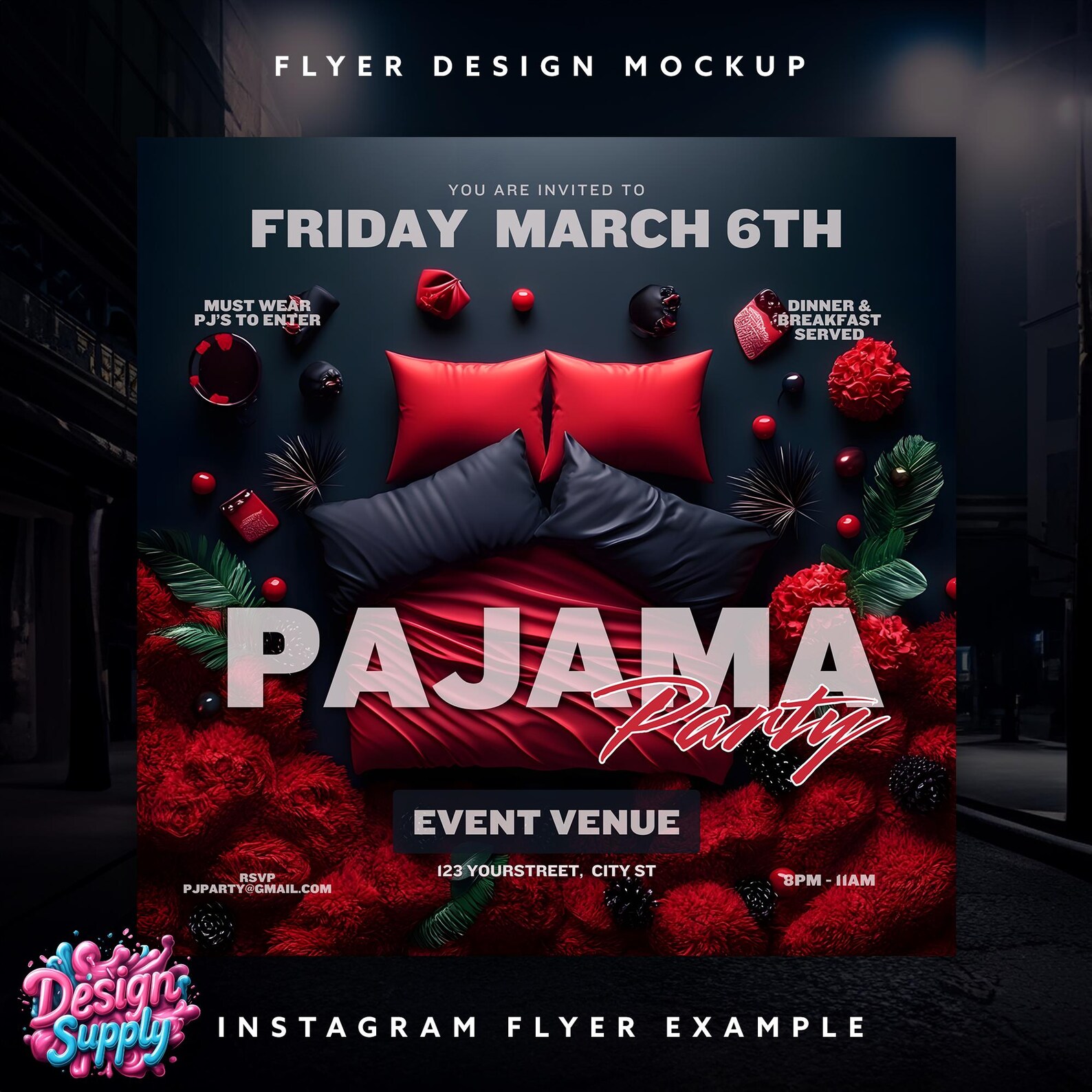Red & Black Pajama Party Flyer: Editable Canva Template (digital ...