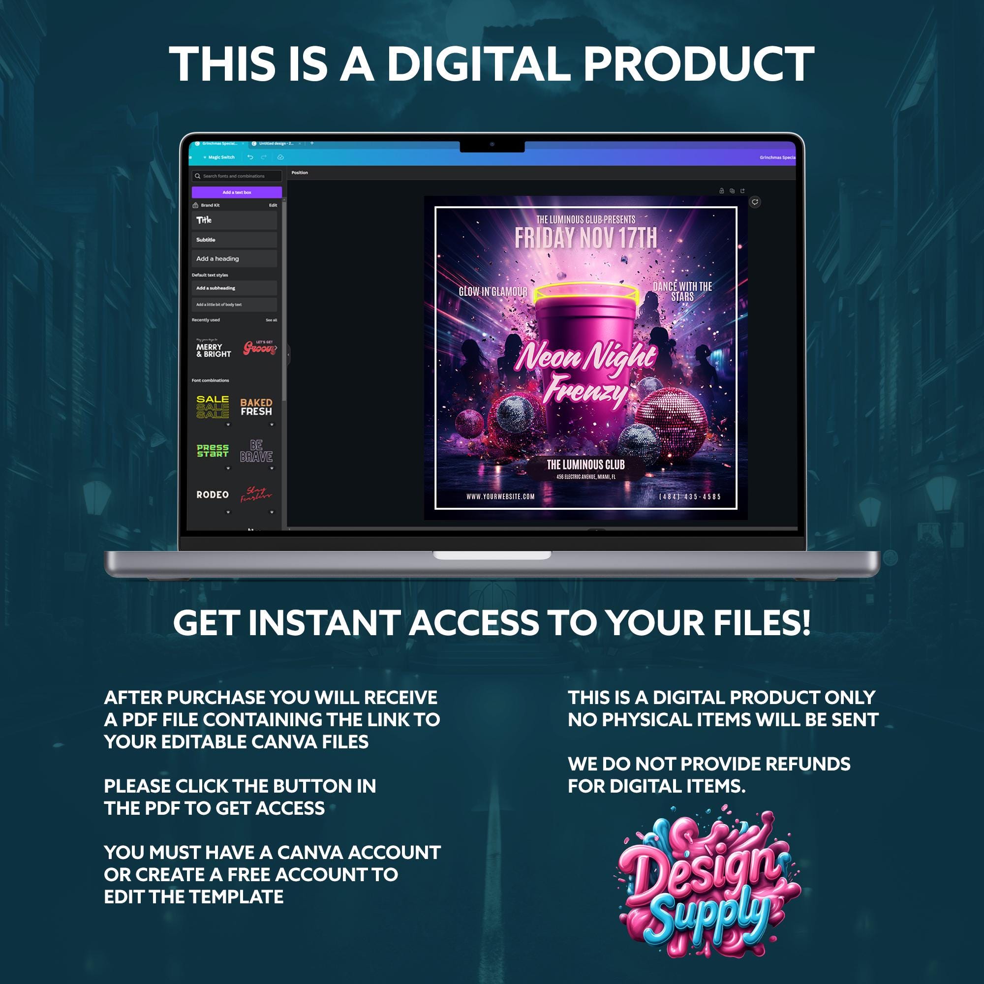 Neon Night Club Flyer: Editable Canva Party Template - Etsy