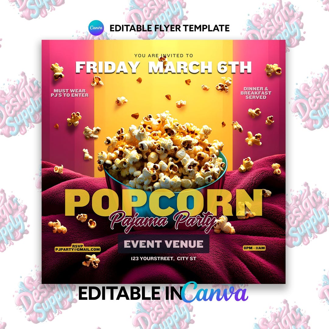 Popcorn Pajama Party Canva Template | Editable Flyer Design | Perfect ...