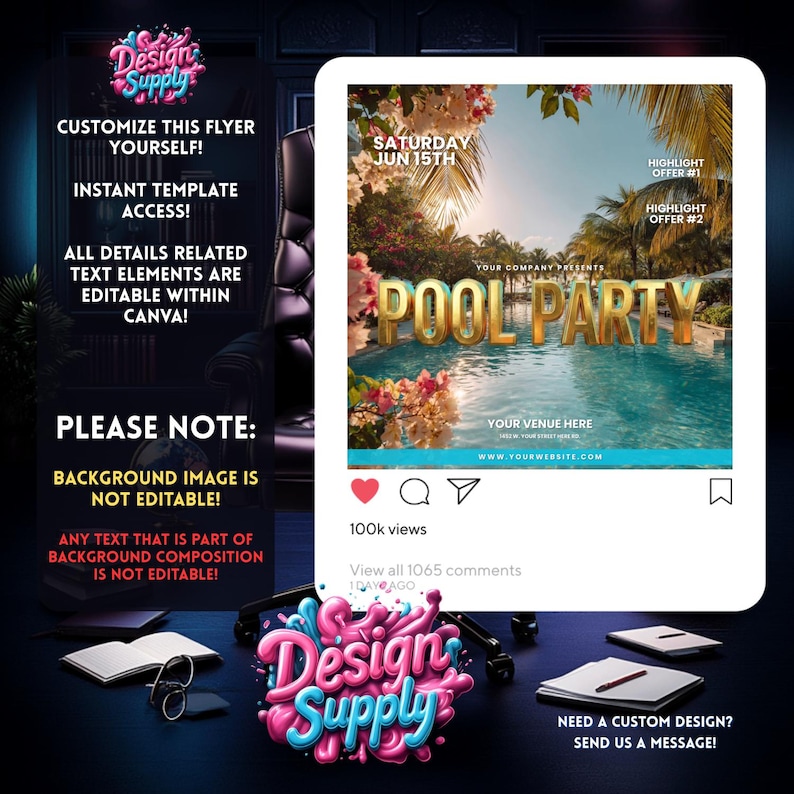 Pool Party Flyer Template | Editable Pool Party Flyer Canva | Summer ...
