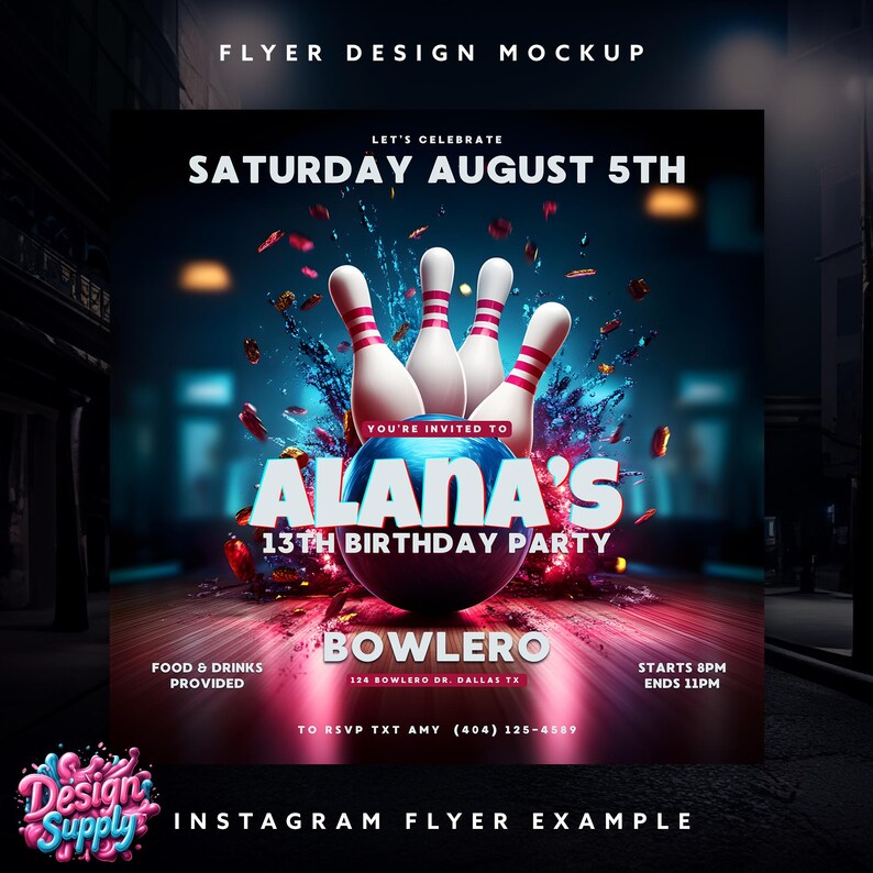 Bowling Invitation Canva Template | Editable Neon Party Flyer | Perfect ...