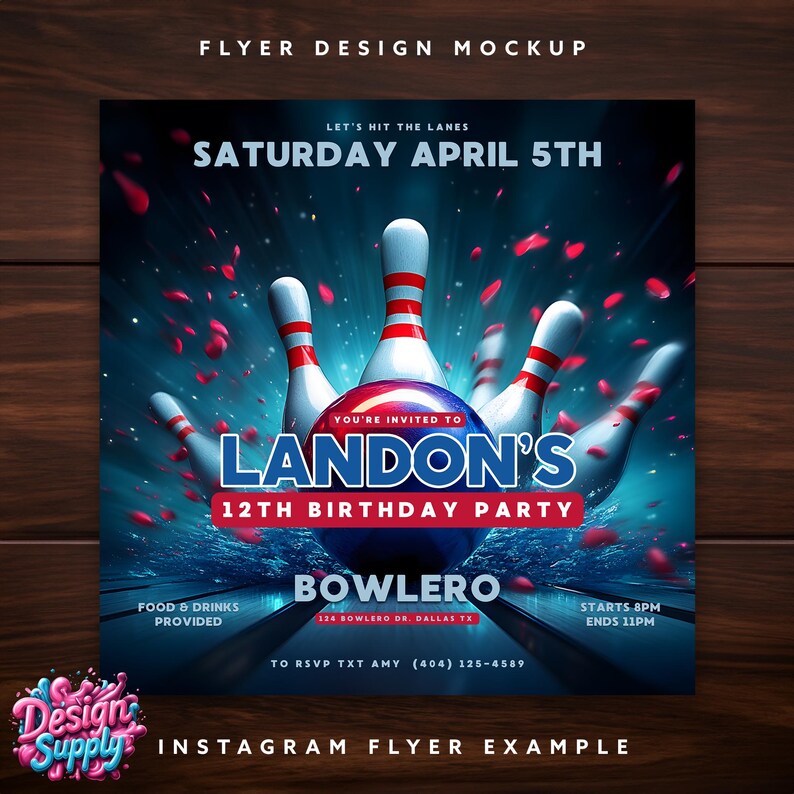 Bowling Invitation Canva Template | Editable Red and Blue Design ...