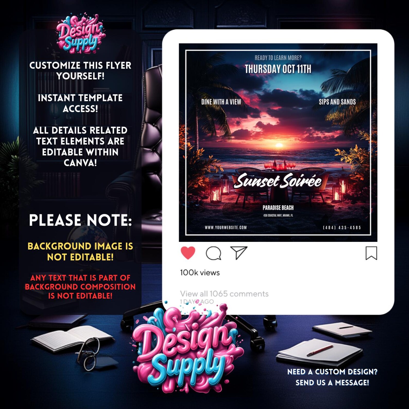 Sunset Soirée Flyer Template: Editable Canva Template for Beach Event ...