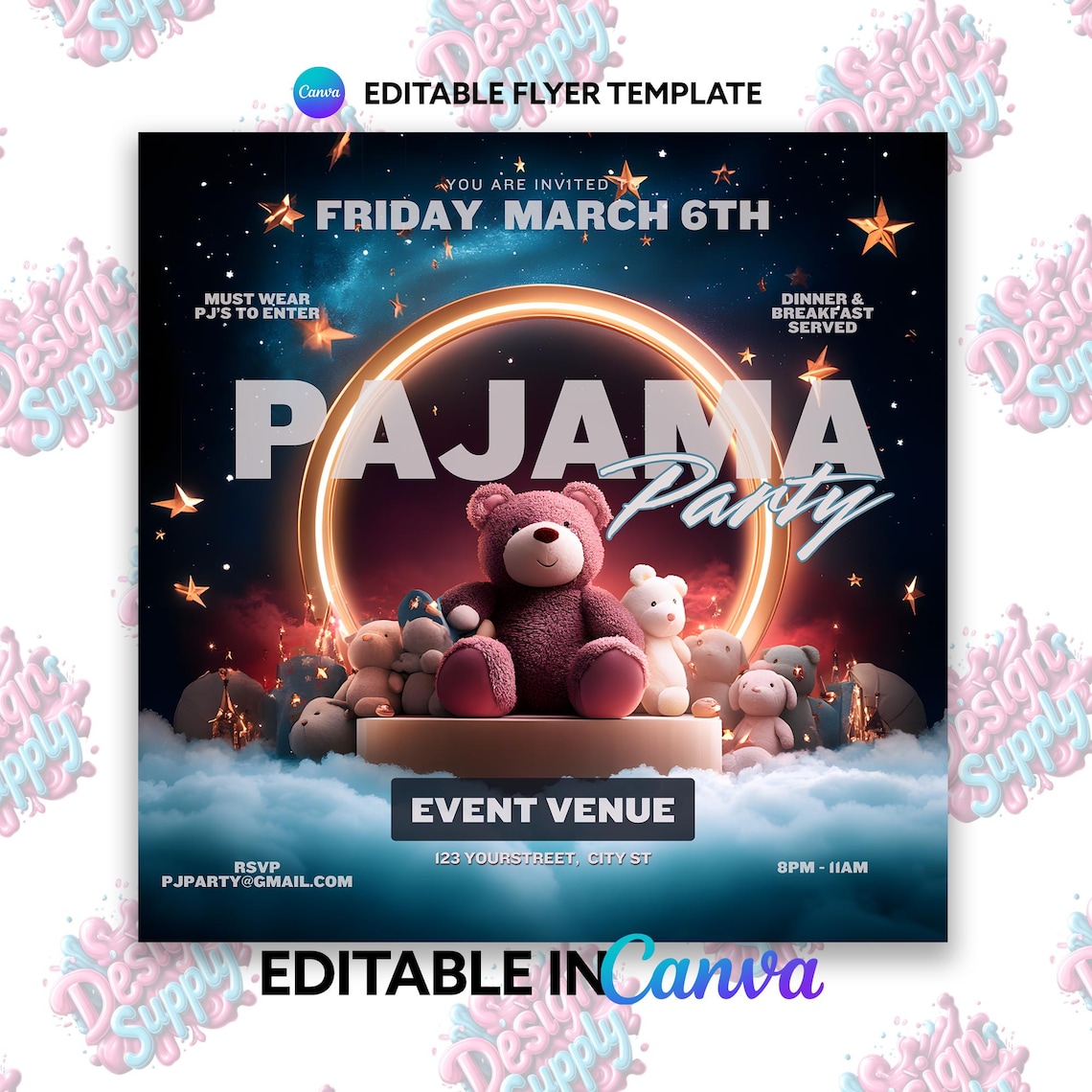 Pajama Party Teddy Bears | Editable Canva Template | Sleepover Party ...