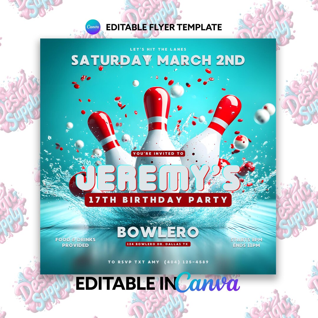Bowling Invitation Canva Template | Editable Design for Boys & Men's ...
