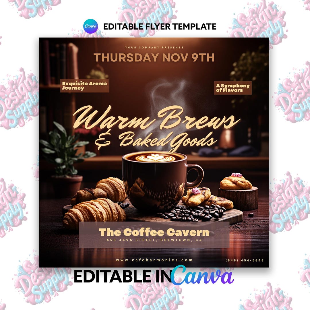 Warm Brews & Baked Goods Flyer Template | Editable Canva Template for ...