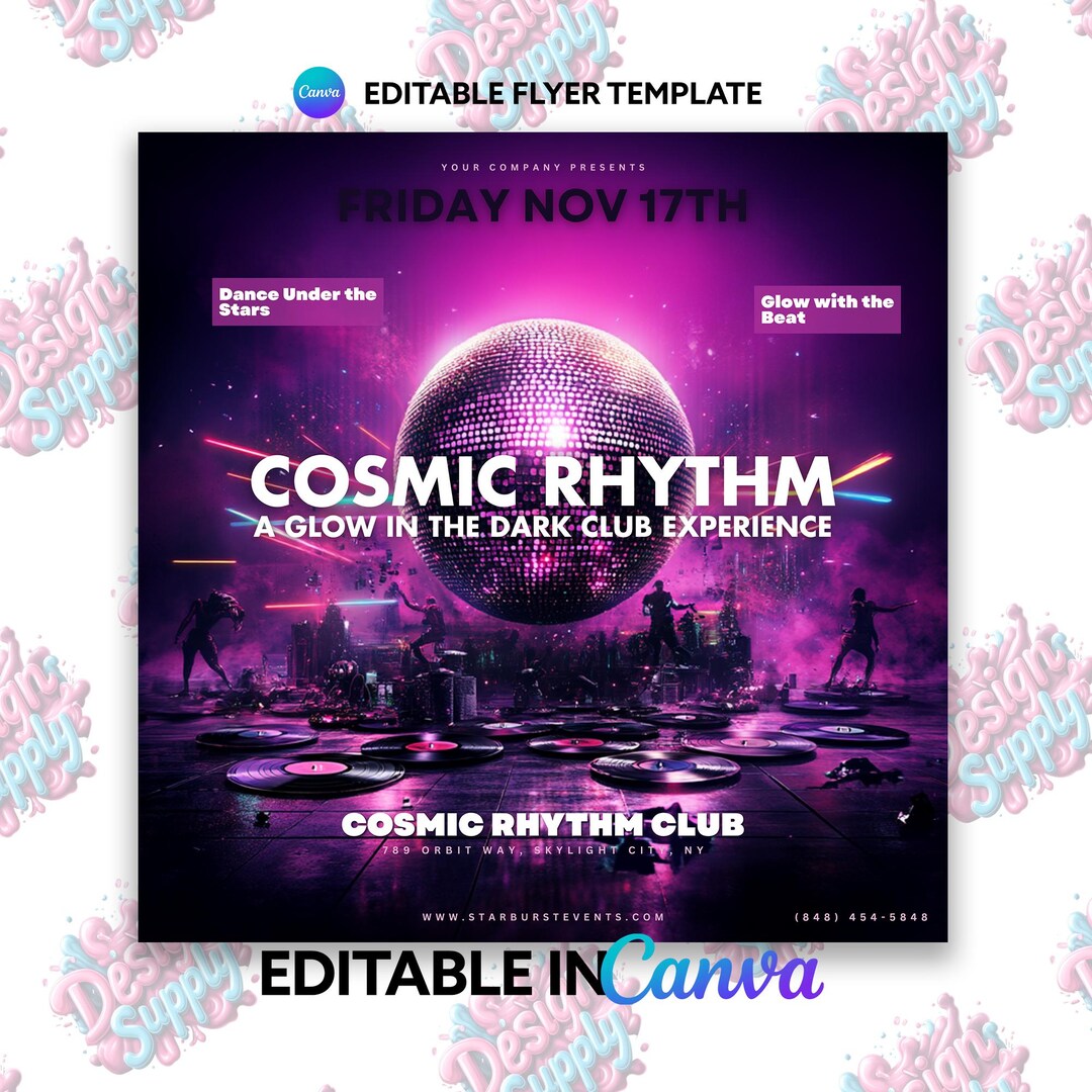Glow in the Dark Dance Club Flyer Template: Cosmic Rhythm Canva ...