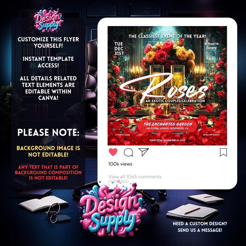 Roses Luxury Event Flyer Template: Romantic Celebration, Editable Canva ...