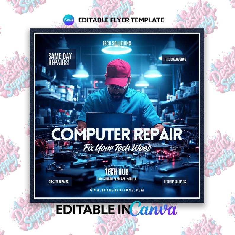 Computer Repair Flyer Template | Editable Canva Template for Tech ...