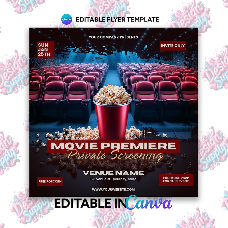 Movie Premiere Flyer: Private Screening Event, Editable Canva Template ...