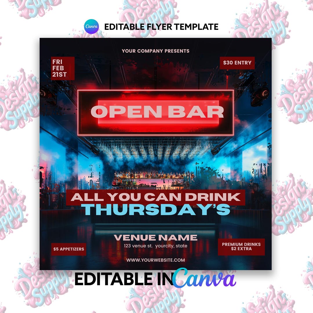 Open Bar Flyer Template | Editable Flyer Design | Party, Club, Festival ...