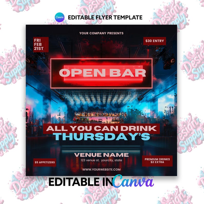 Open Bar Flyer Template | Editable Flyer Design | Party, Club, Festival ...