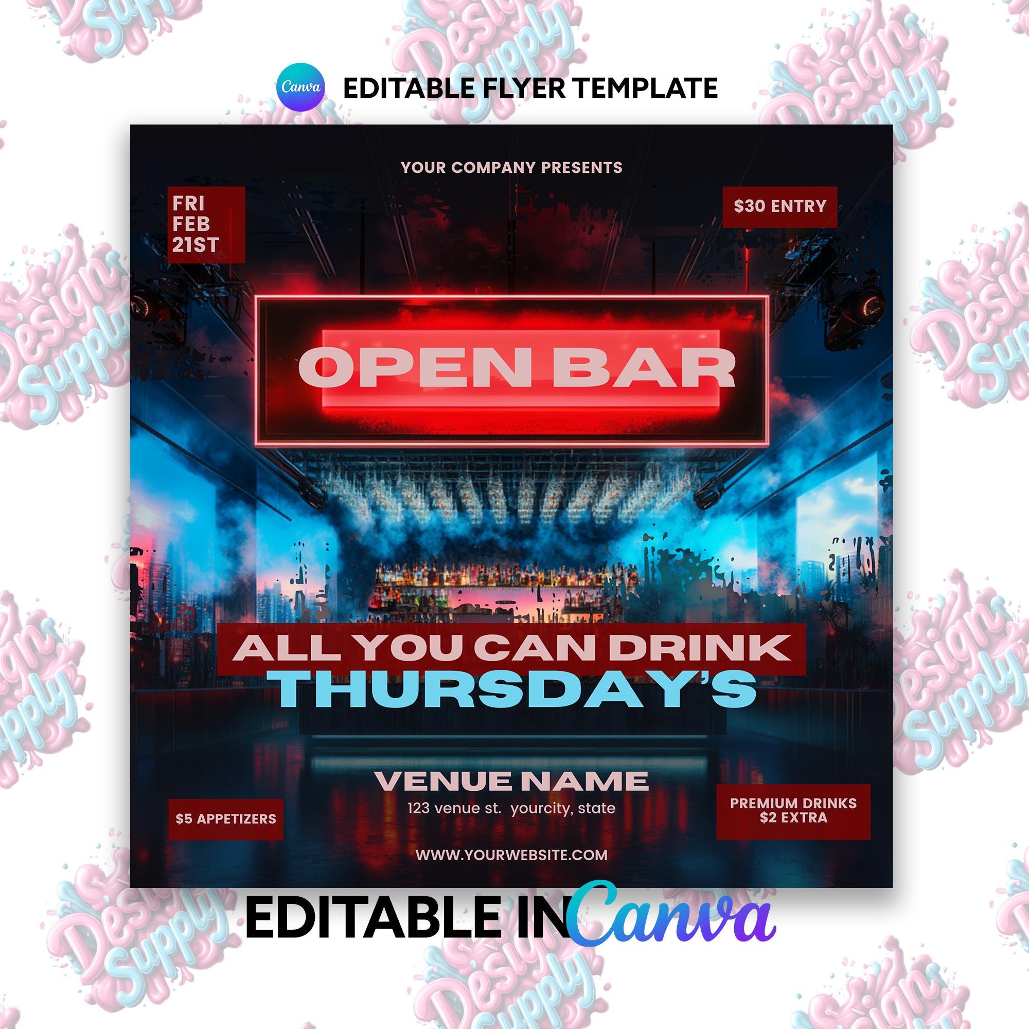 Open Bar Flyer Template | Editable Flyer Design | Party, Club, Festival ...