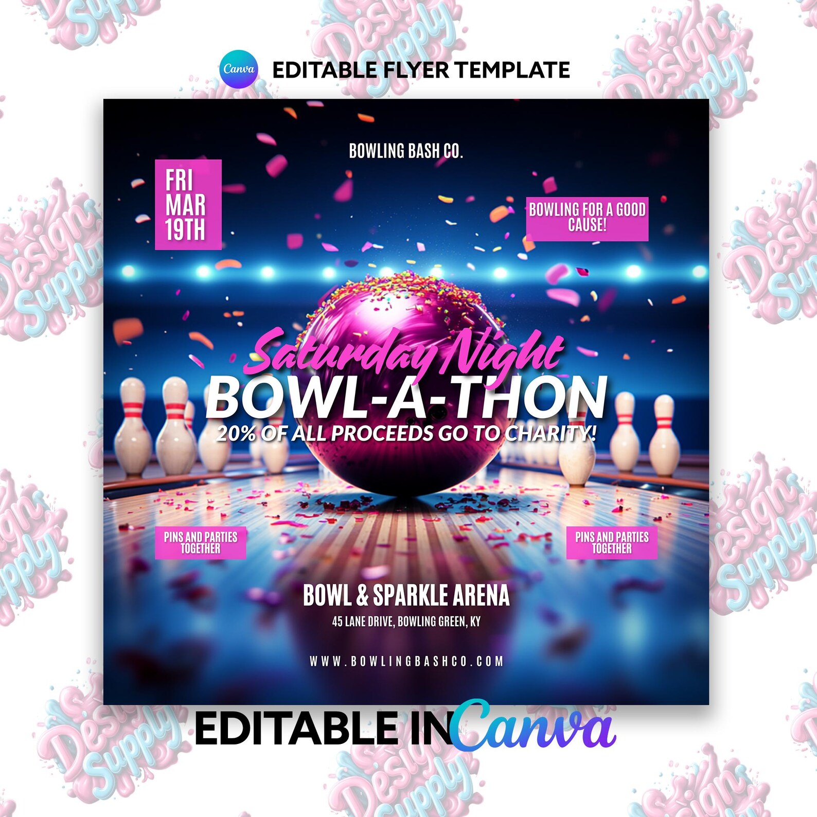 Saturday Night Bowling Bowlathon Flyer Template | Editable Canva ...