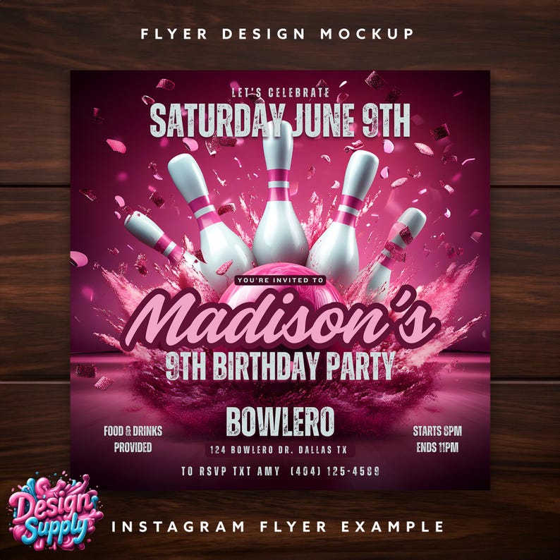 Bowling Invitation Canva Editable Template | Pink Girls Bowling Party ...