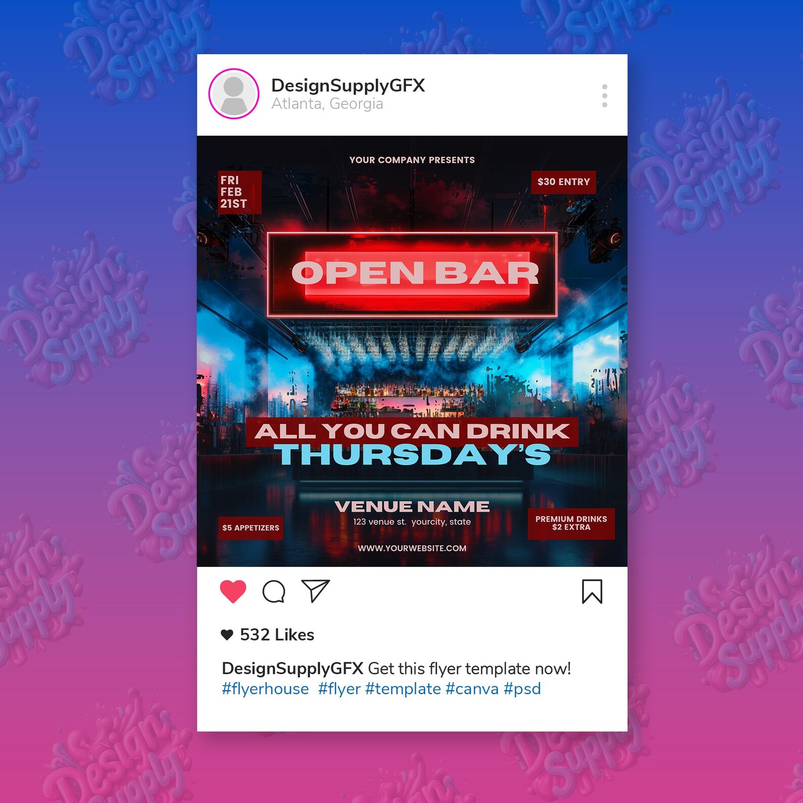 Open Bar Flyer Template | Editable Flyer Design | Party, Club, Festival ...