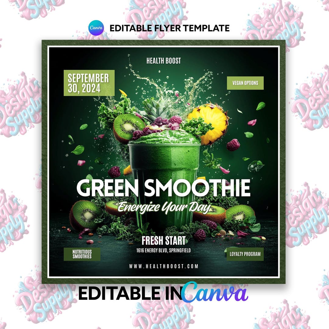 Green Smoothie Flyer Template | Editable Canva Template for Health ...