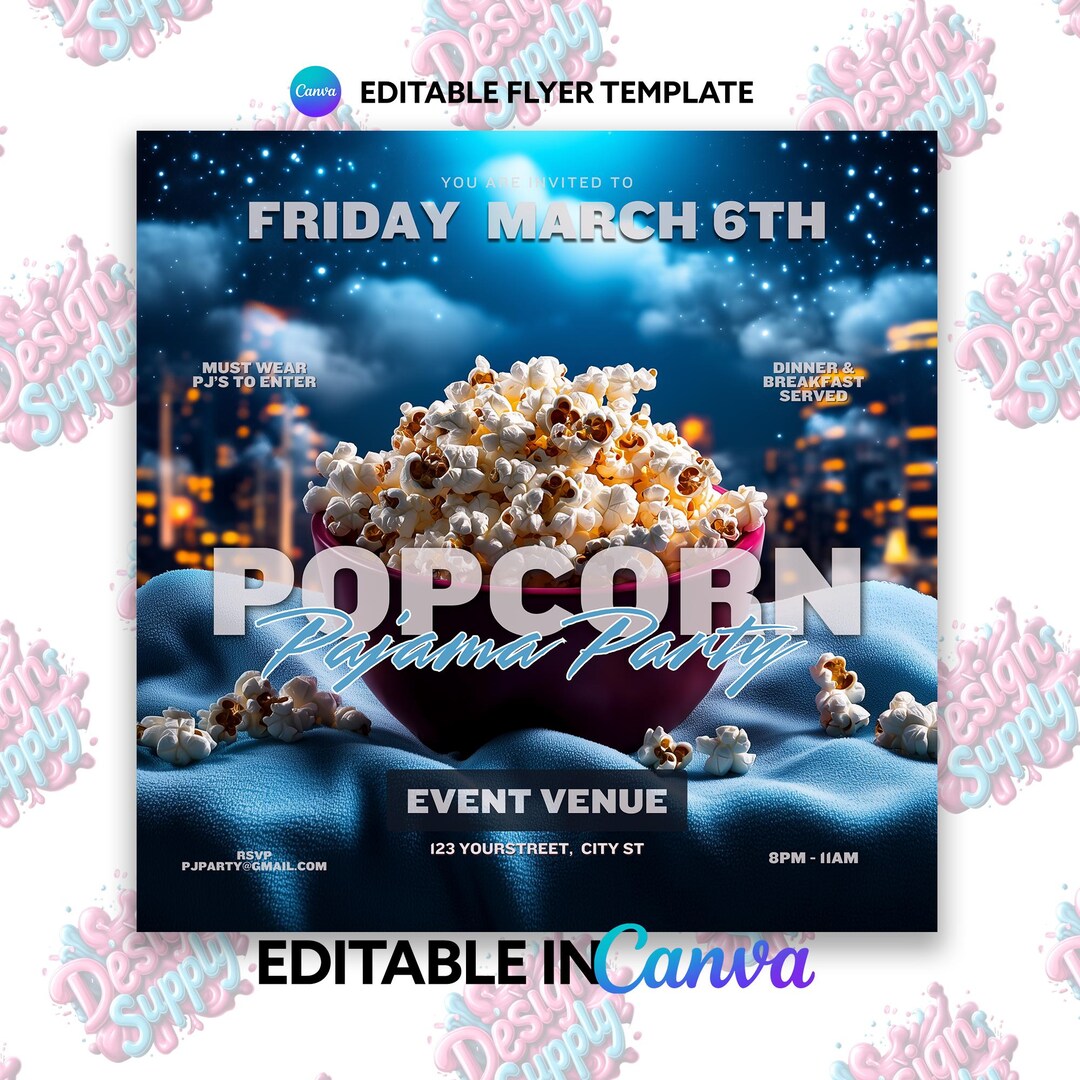 Editable Popcorn Pajama Party Canva Template | Customizable Blue ...
