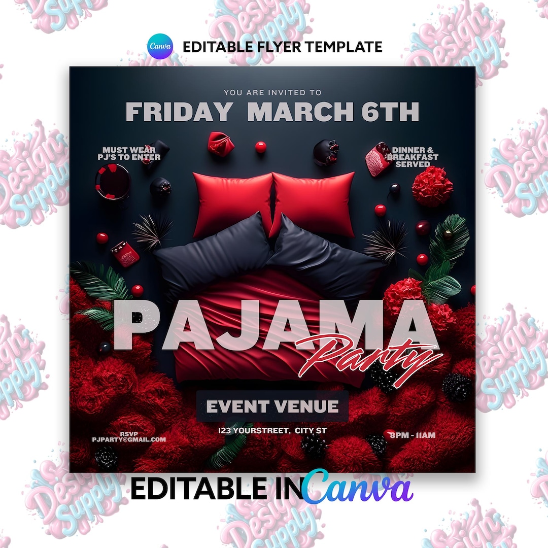 Pajama Party Flyer | Sleepover Invitation | Red and Black Canva ...