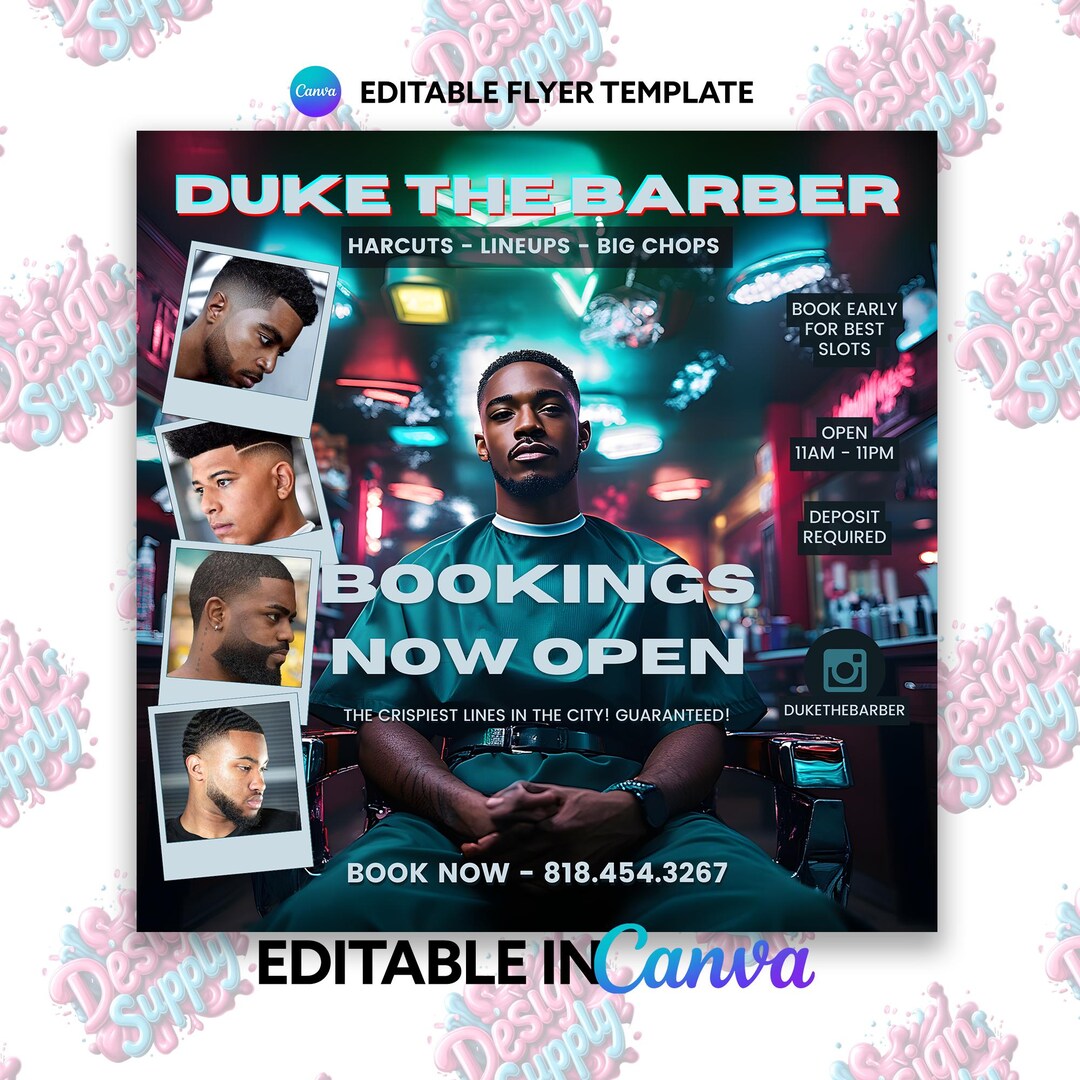 Editable Barber Flyer | Canva Template | Bookings Open 4 Party ...
