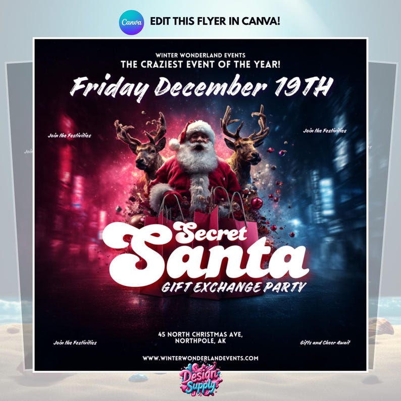 Secret Santa Party Flyer: Editable Christmas Holiday Template (canva ...