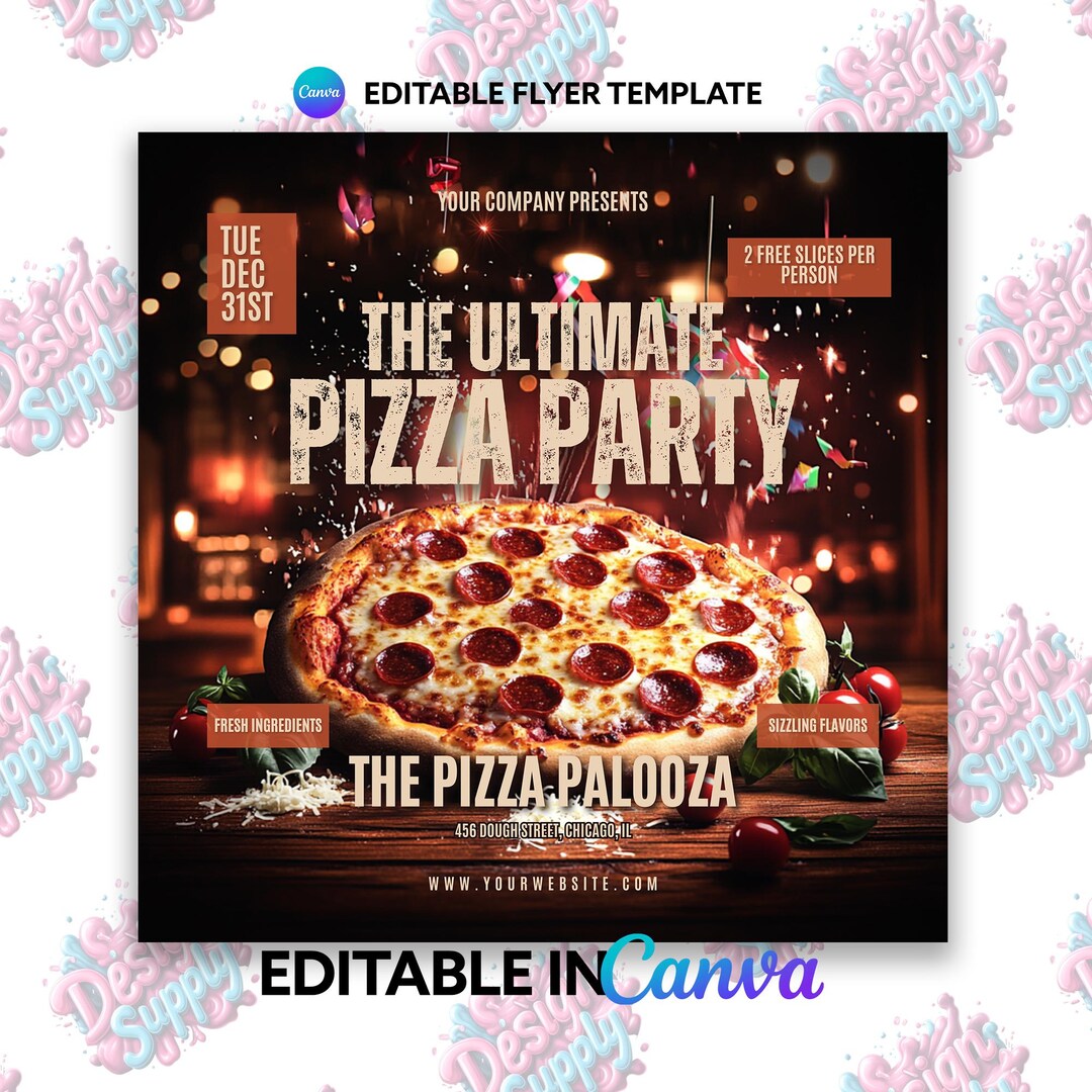 Pepperoni Pizza Party Flyer Template | Editable Canva Template for ...