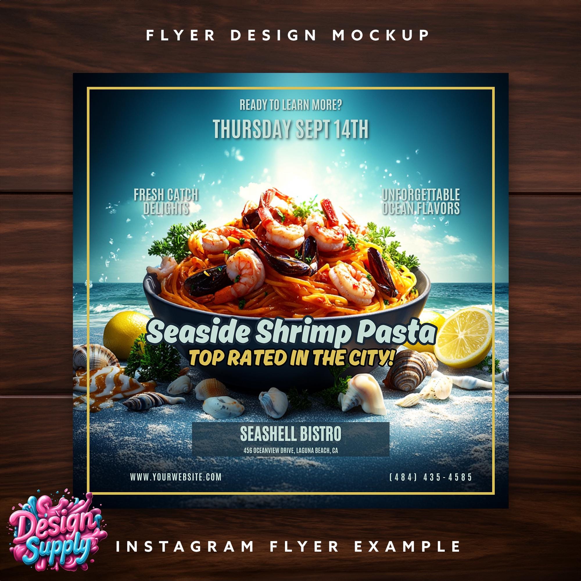 Seaside Shrimp Pasta Flyer Template: Coastal Restaurant Event (editable ...