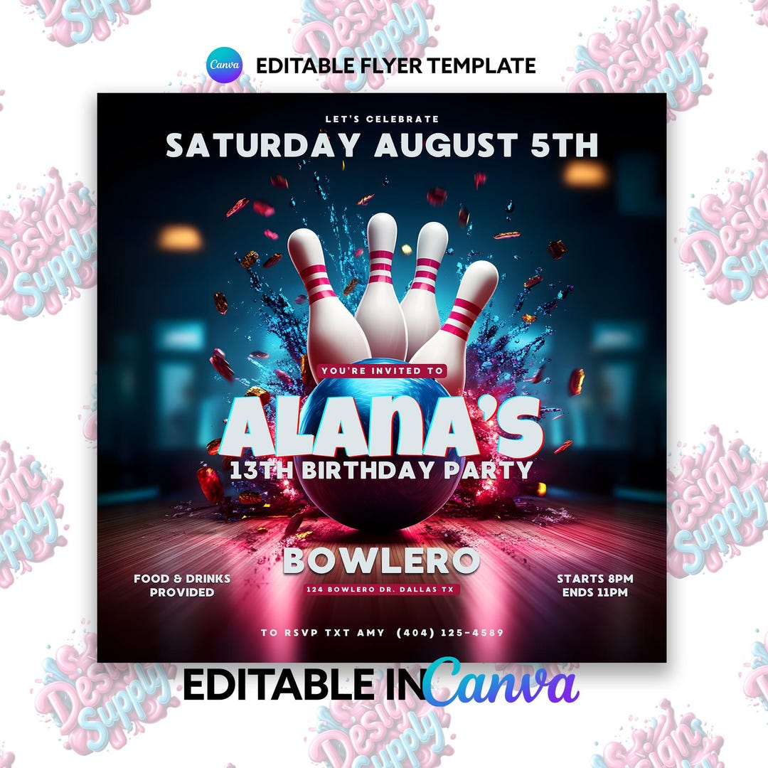Neon Bowling Party Invitation Template: Editable Canva Flyer (digital ...