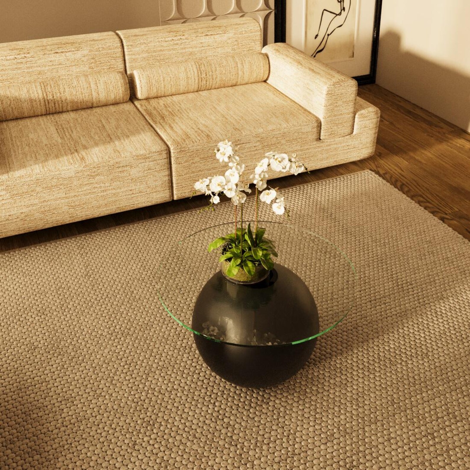 Walnut Round Glass Coffee Table With Wooden Sphere Base – Unique ...