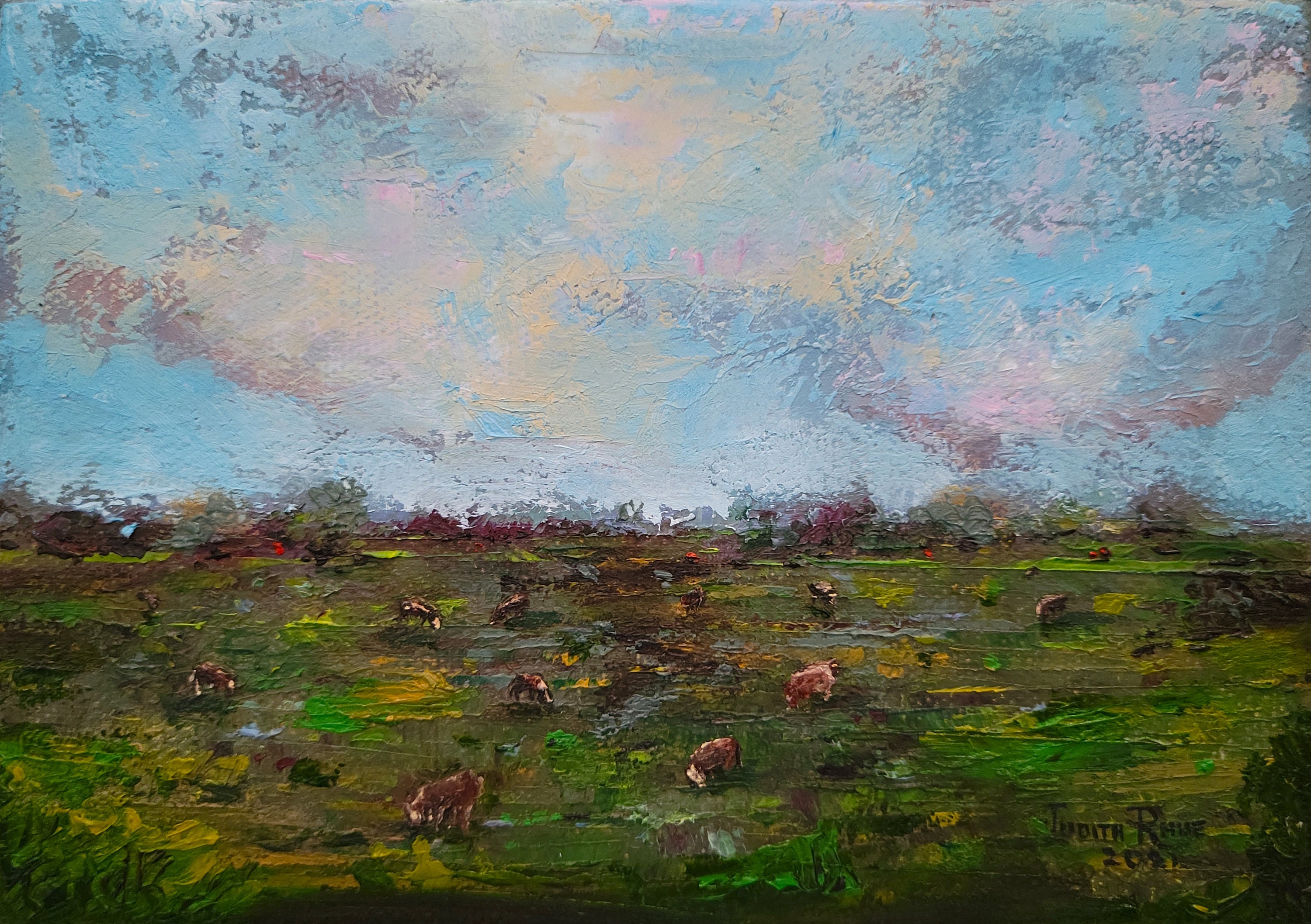 Original Oil Painting Cows Landscape Cow Cattle Farm Country Clouds ...