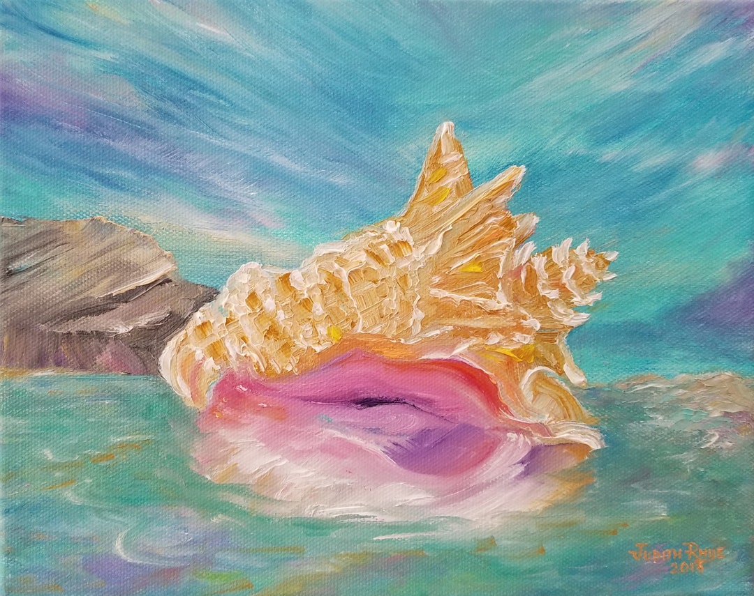 Conch Shell Beach Print: Coastal Seascape Painting (8x10 Unframed) - Etsy