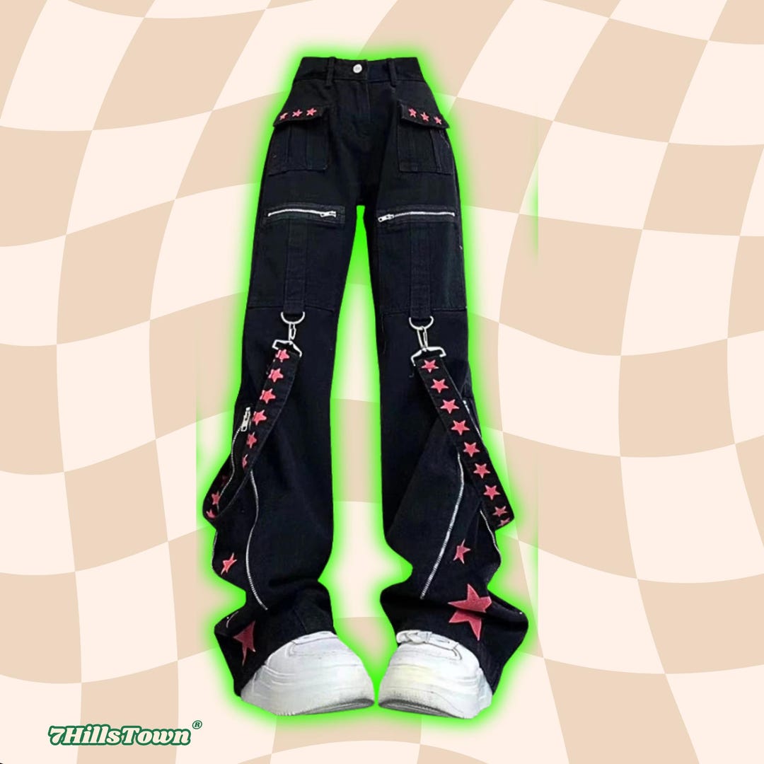 Womens Black Gothic Baggy Cargo Jeans Harajuku Vintage Y2K Denim Trousers 90s Aesthetic Trashy ...