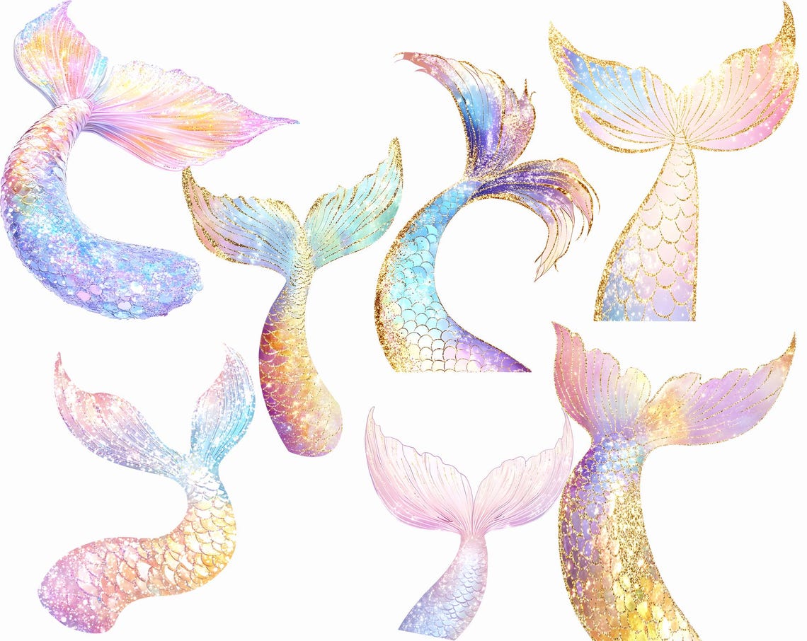 Glitter Mermaids Tails Clipart - Pastel Mermaid Fin - Rainbow Mermaid ...