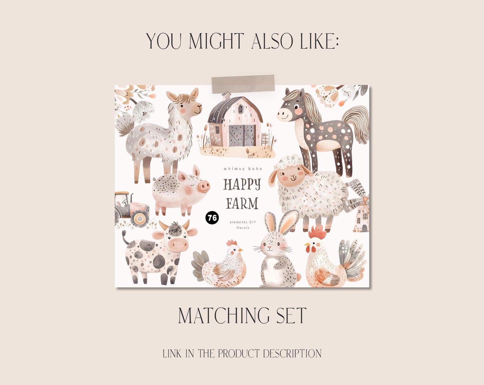 Watercolor Farm Animals Digital Papers Set - Cottagecore Checkered ...