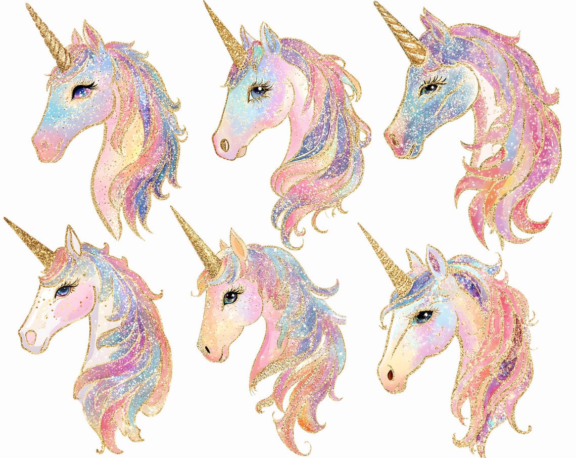 Glitter Unicorn Clipart - Watercolor Pastel Rainbow Unicorns Clipart ...