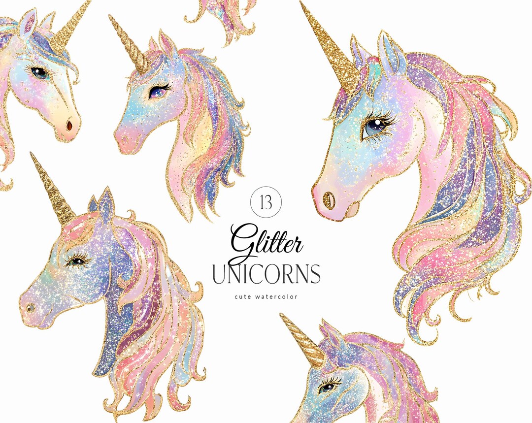Glitter Unicorn Clipart - Watercolor Pastel Rainbow Unicorns Clipart ...