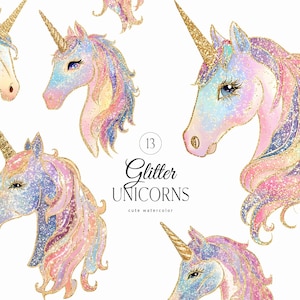 Glitter Unicorn Clipart - Watercolor Pastel Rainbow Unicorns Clipart ...