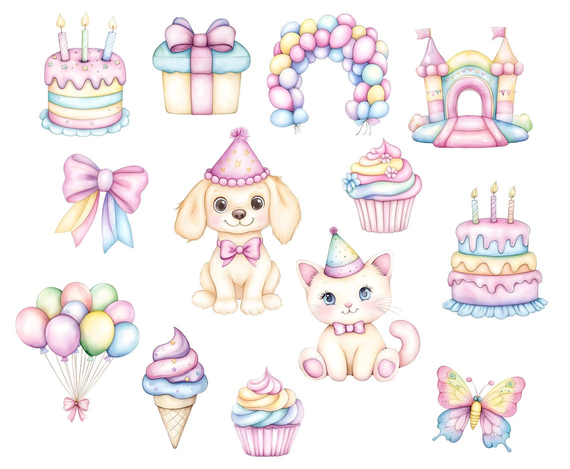 Pastel Birthday Clipart - Rainbow Watercolor Cakes & Balloons, Cute ...