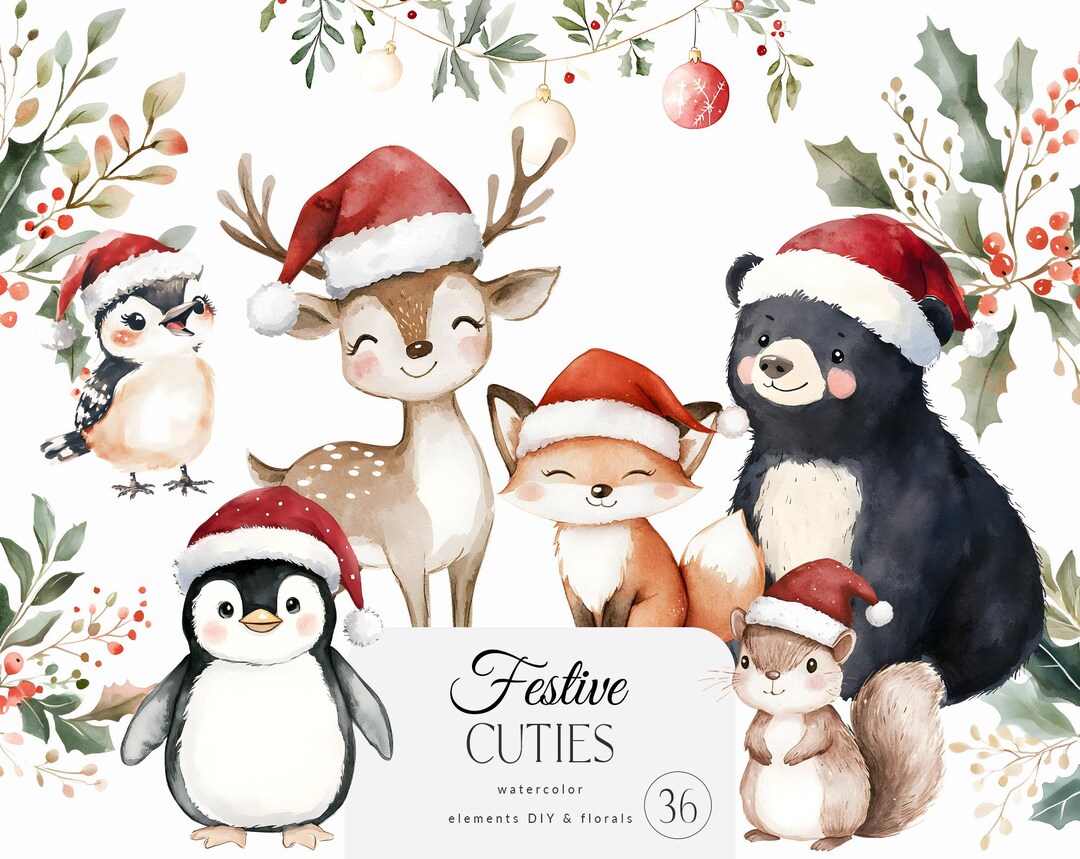 Polar Animals With Santa Hats Clipart - Festive Woodland Animals - Cute ...