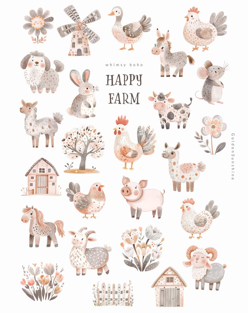 Watercolor Farm Animal Clipart Farmland Animals Set Whimsy Boho Nursery ...