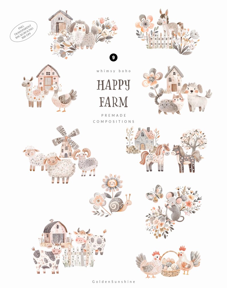 Watercolor Farm Animal Clipart Farmland Animals Set Whimsy Boho Nursery ...