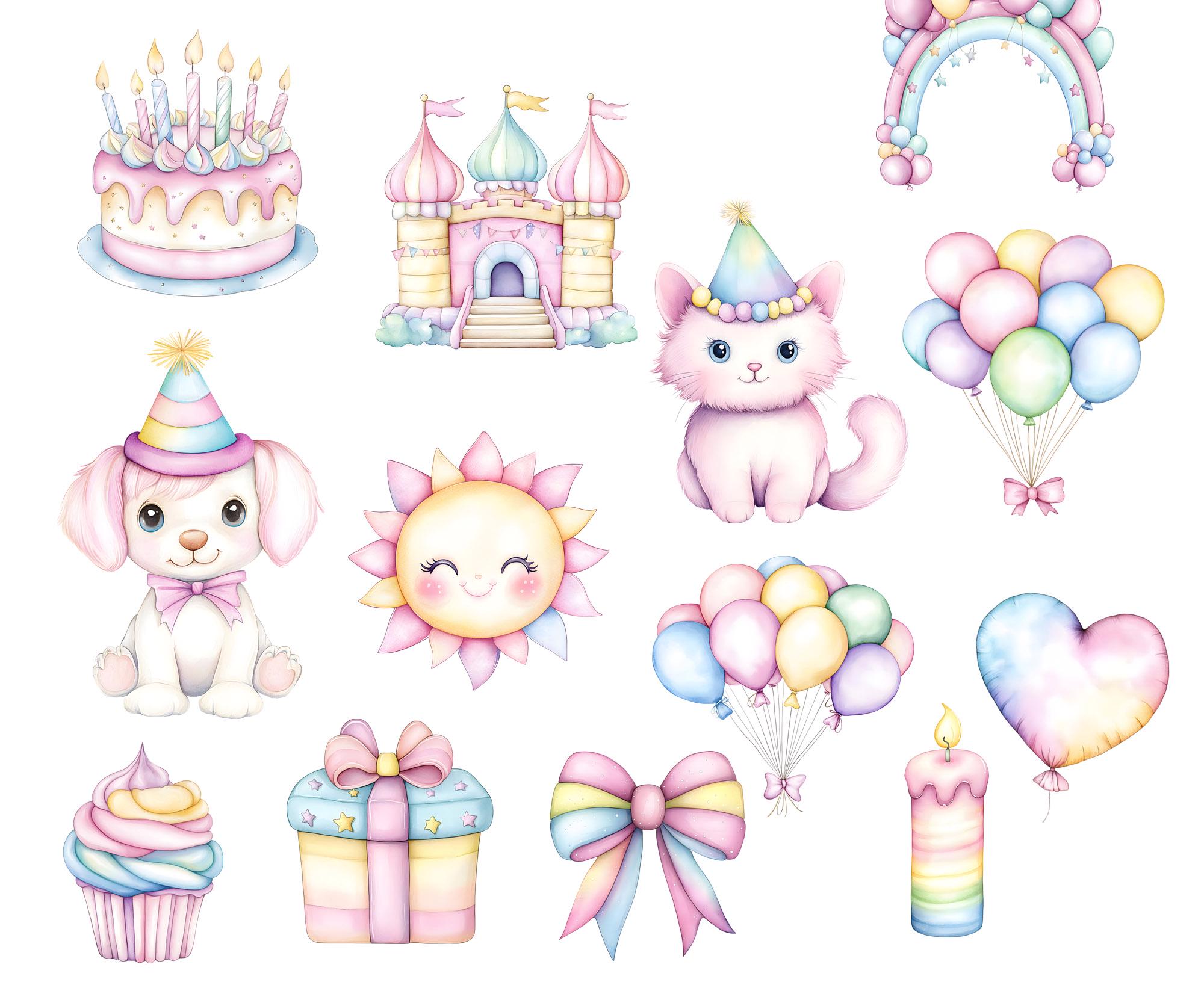 Pastel Birthday Clipart - Rainbow Watercolor Cakes & Balloons, Cute ...