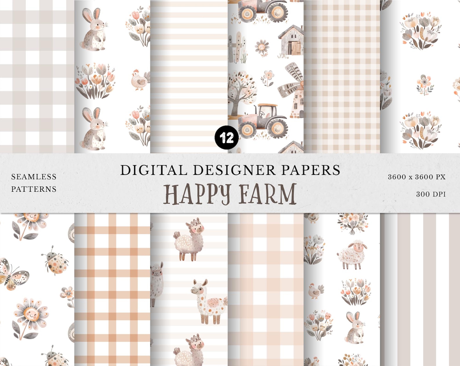 Watercolor Farm Animals Digital Papers Set - Cottagecore Checkered ...