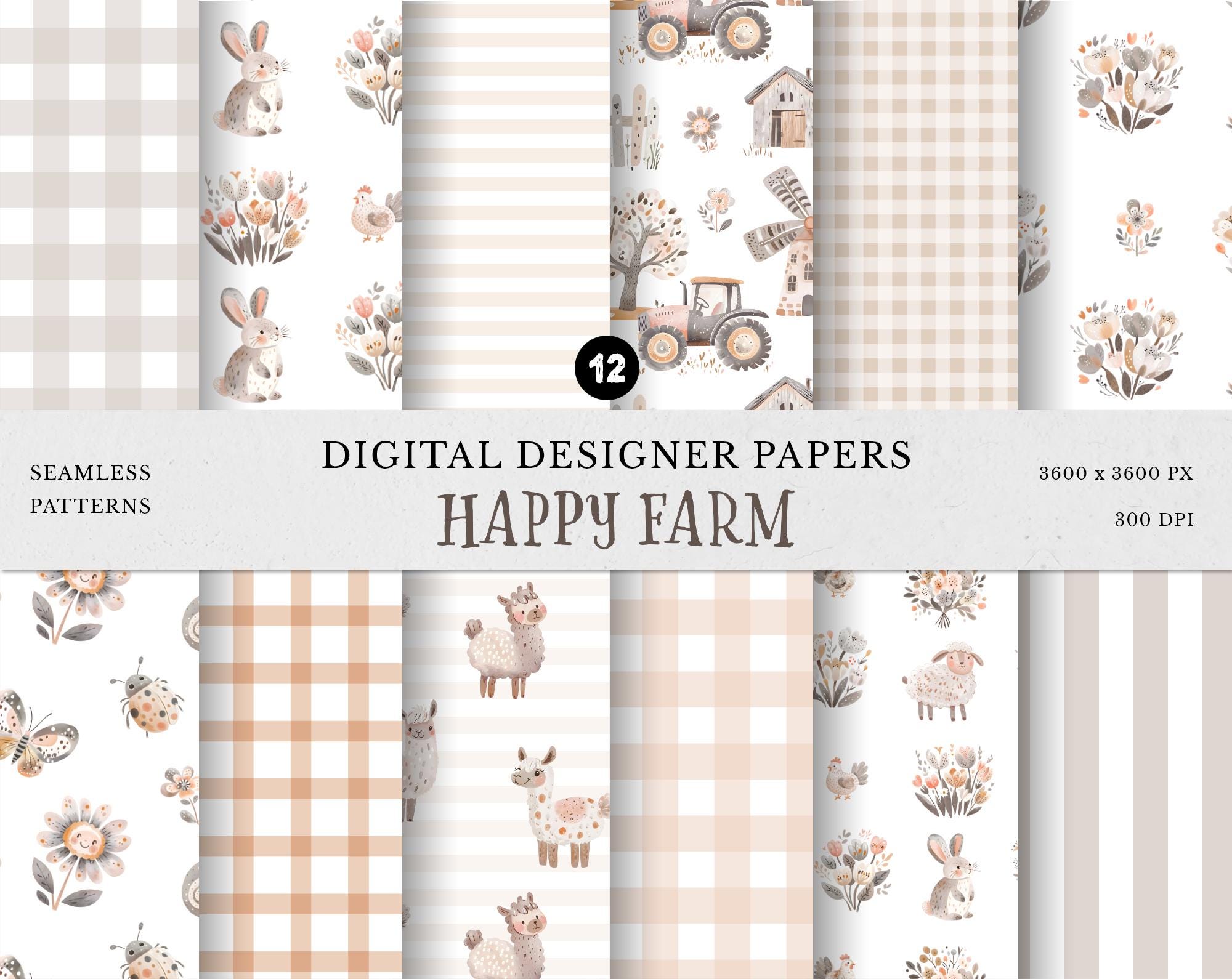 Watercolor Farm Animals Digital Papers Set - Cottagecore Checkered ...